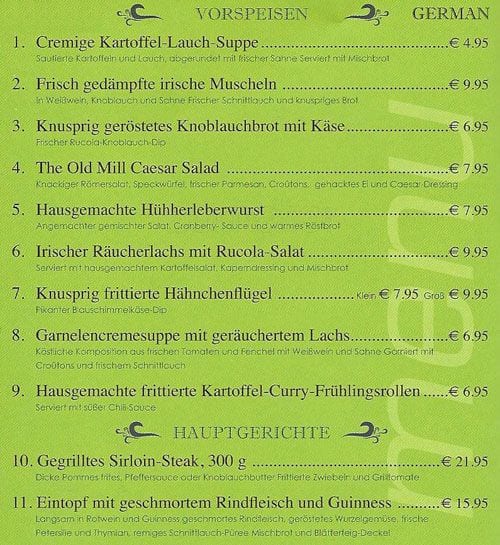 Menu at The Old Mill pub & bar, Dublin, 14 Temple Bar Square