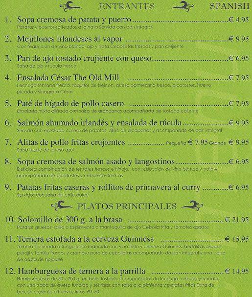 Menu at The Old Mill pub & bar, Dublin, 14 Temple Bar Square