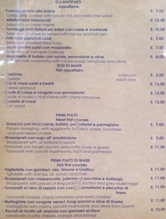 Menu da Scaramouche ristorante, Roma