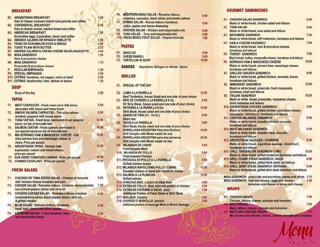 Menu at Miga's Florida steakhouse, Miramar
