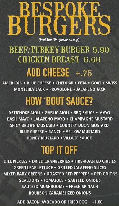 Menu at Village Burger Bar, Allen, 957 Garden Park Dr