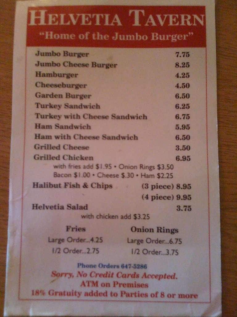 Carta del pub y bar Helvetia Tavern, Hillsboro, NW Helvetia Rd