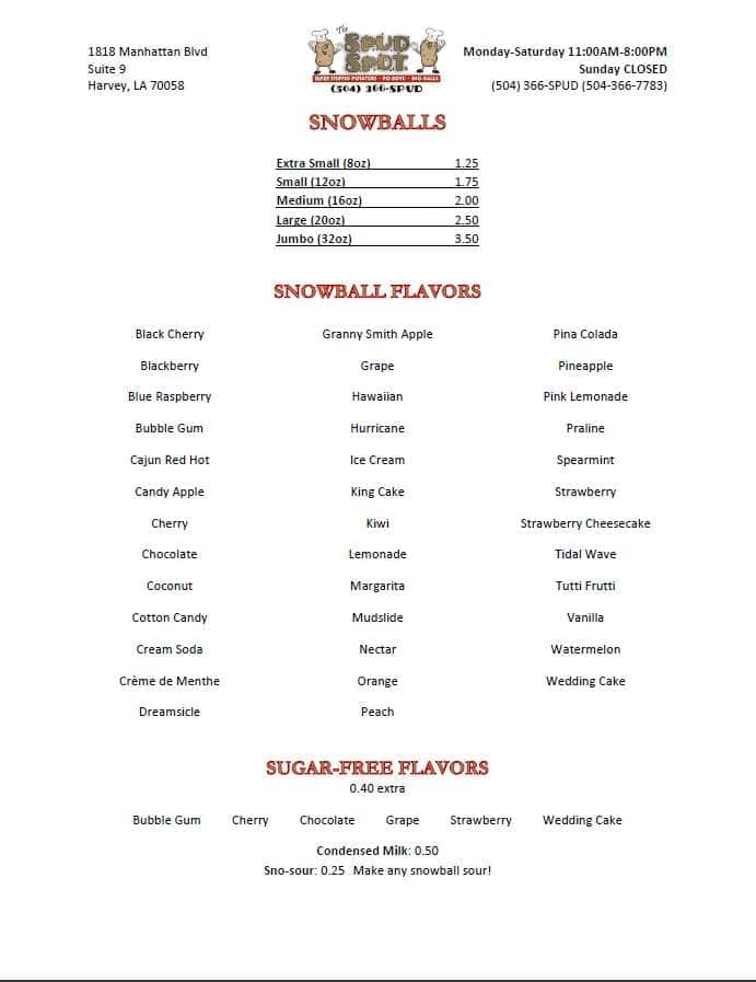 Menu at The Spud Spot restaurant, Harvey