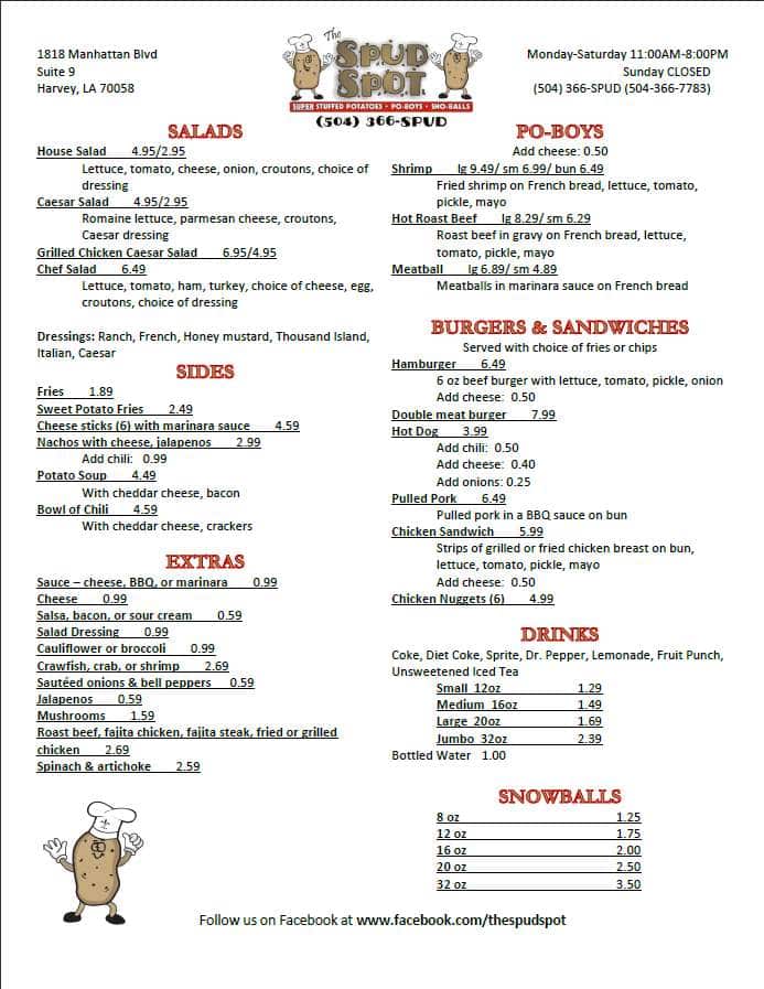 Menu at The Spud Spot restaurant, Harvey