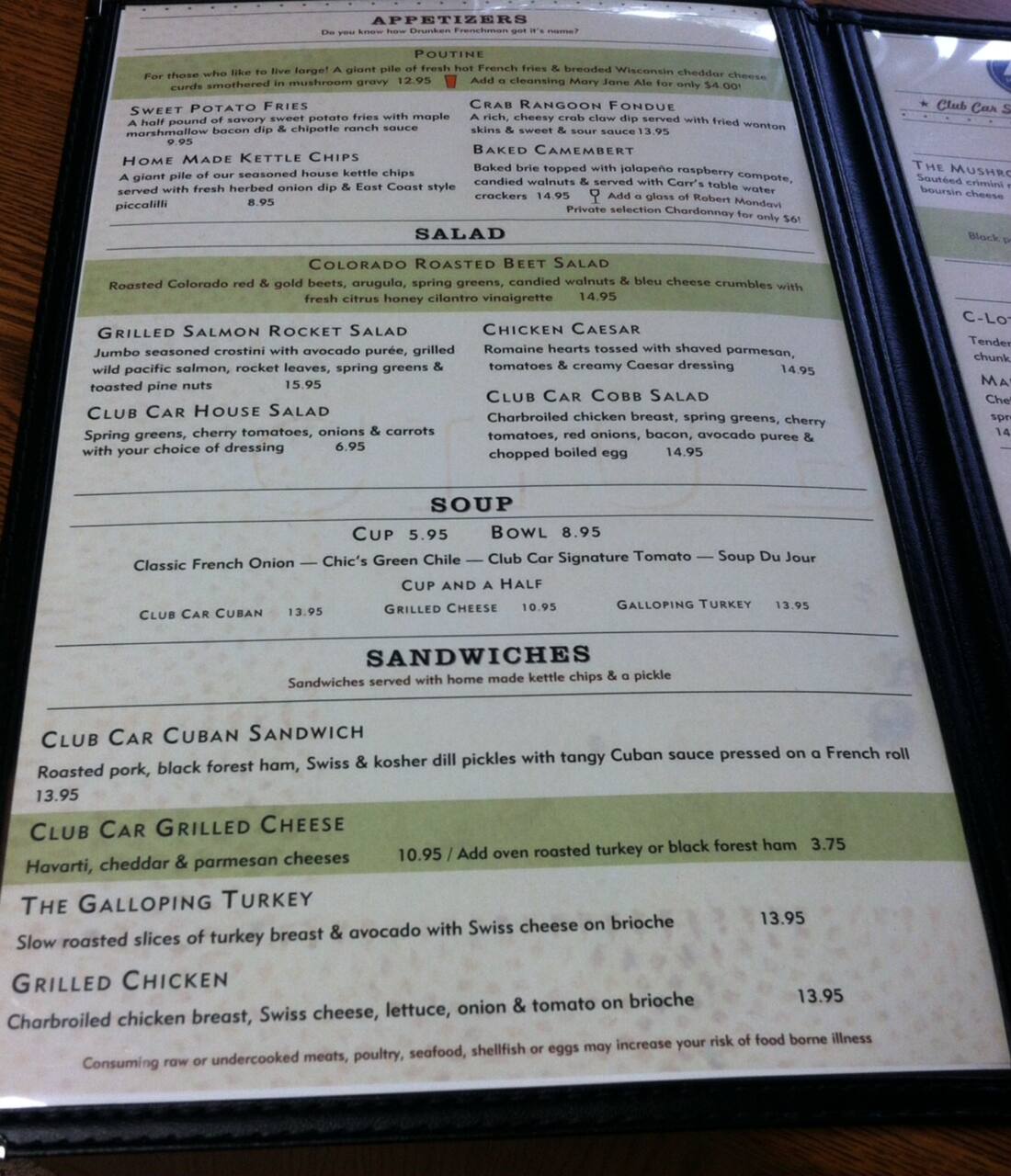 Menu at Club Car Restaurant, Winter Park, PO Box 36