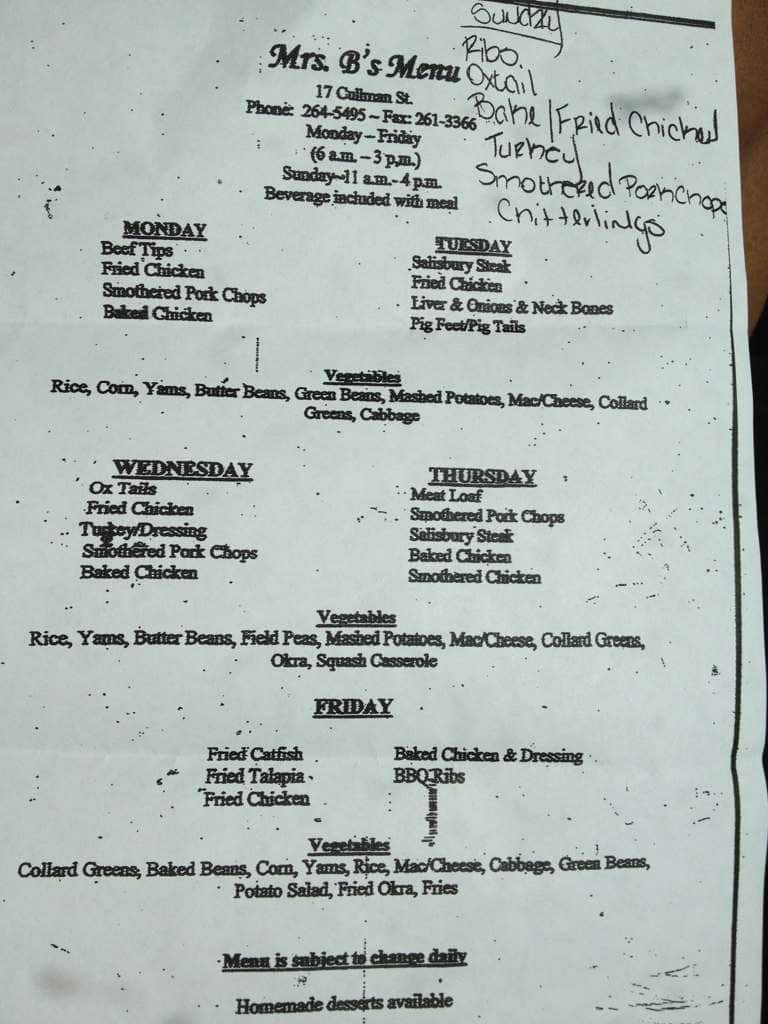 Menu at Mrs B's Home Cooking restaurant, Montgomery, 17 Cullman St