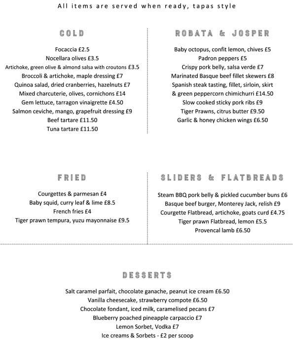 Menu at 100 Wardour Street club, London, 100 Wardour St