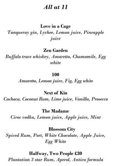 Menu at 100 Wardour Street club, London, 100 Wardour St