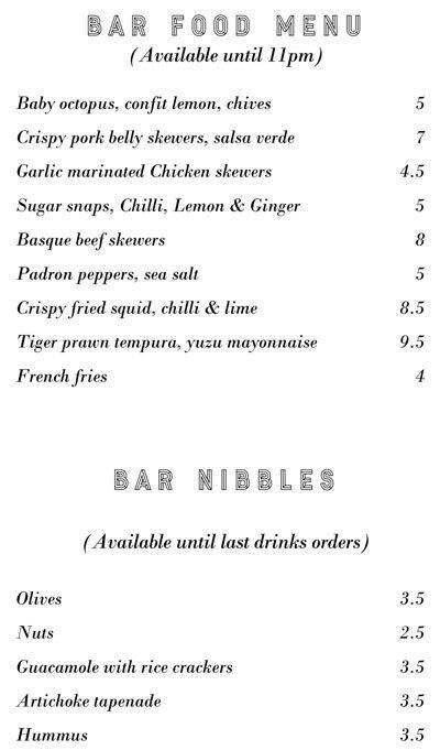 Menu at 100 Wardour Street club, London, 100 Wardour St