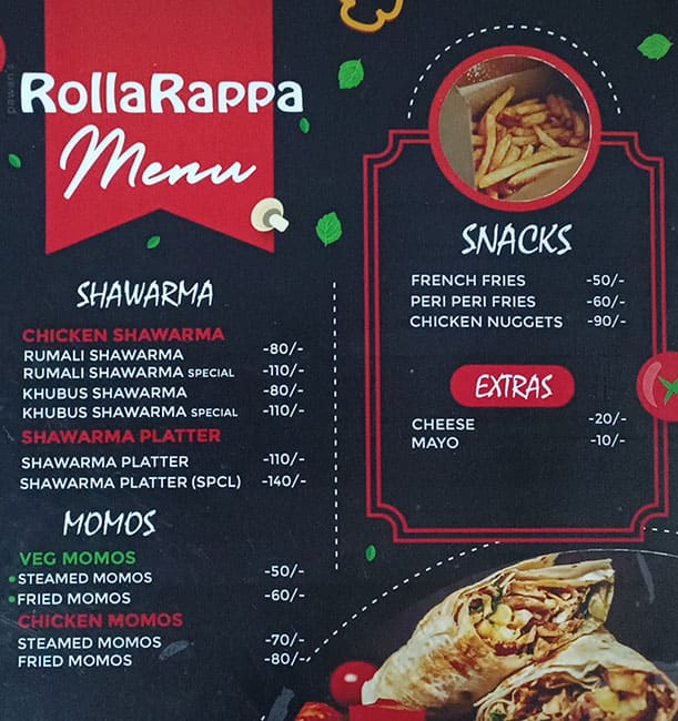 Menu at Rollarappa, Hyderabad, 2-2-185/55