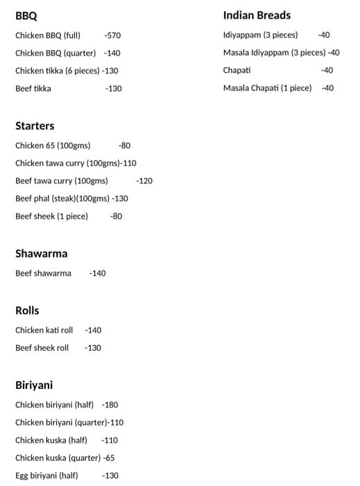 Menu of Arabian Express, Perambur, Chennai