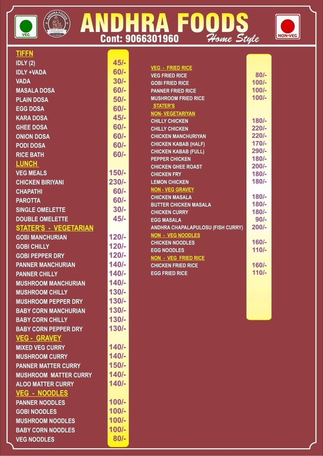 Menu of Andhra Foods, HSR, Bangalore