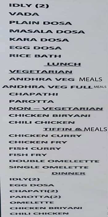 Menu of Andhra Foods, HSR, Bangalore