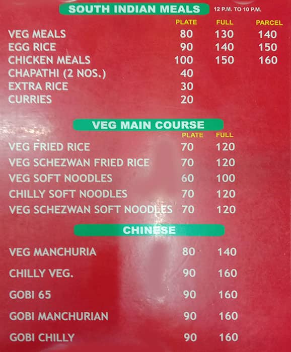 Menu of Mr. Chef Food Court, Tarnaka, Hyderabad