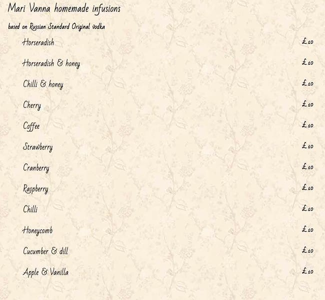 Menu at Mari Vanna restaurant, London, Wellington Court