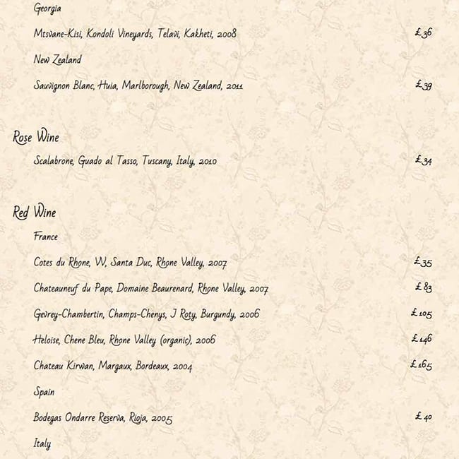 Menu at Mari Vanna restaurant, London, Wellington Court