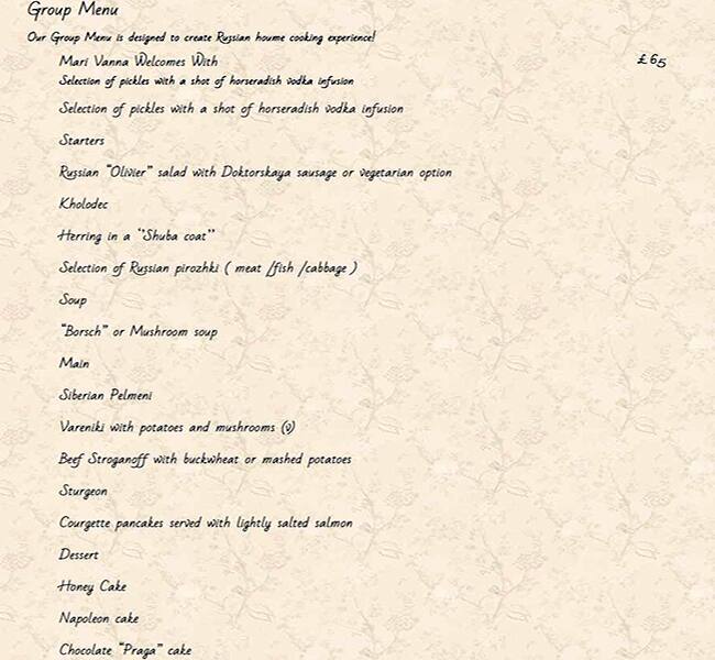Menu at Mari Vanna restaurant, London, Wellington Court