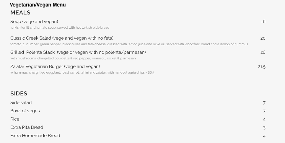 Menu at Mezze Bar, Auckland