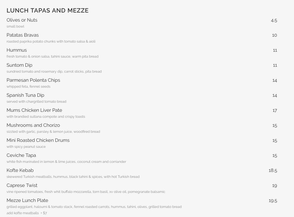 Menu at Mezze Bar, Auckland