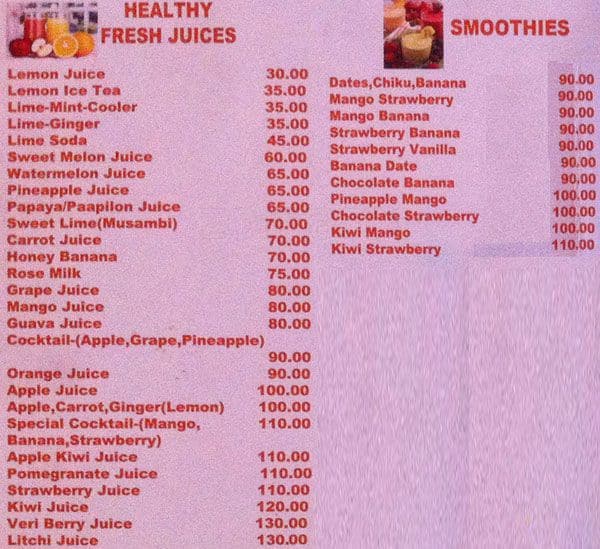Menu at Fresh Juice Lounge, Chennai, 26XR+R4G