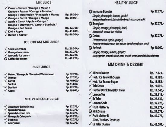 Menu at MM Juice pub & bar, East Jakarta, Jl. Jambore No.1