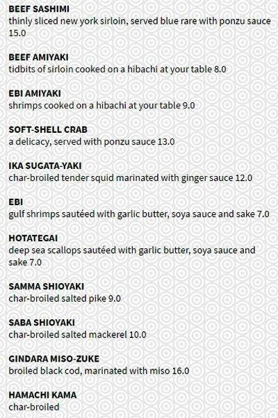 Menu at Fune restaurant, Toronto