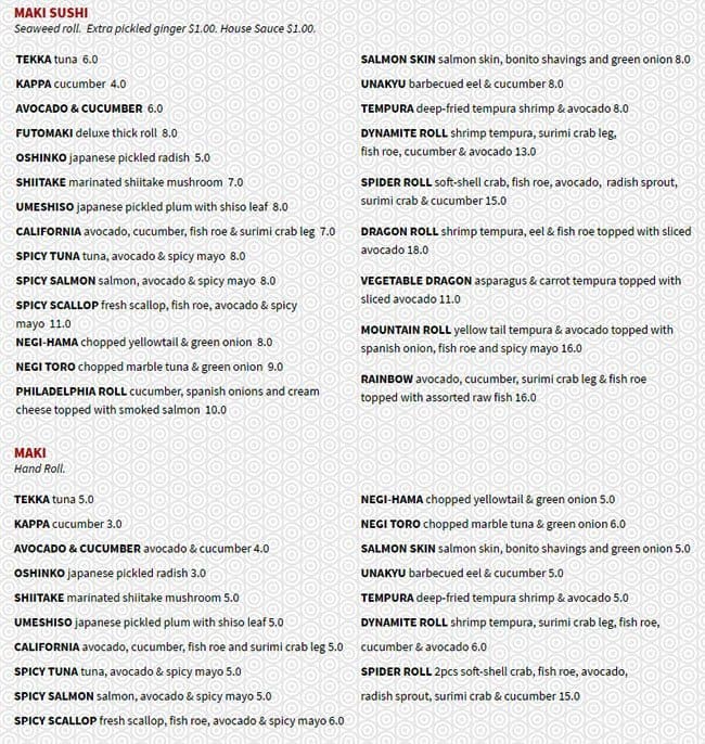 Menu at Fune restaurant, Toronto