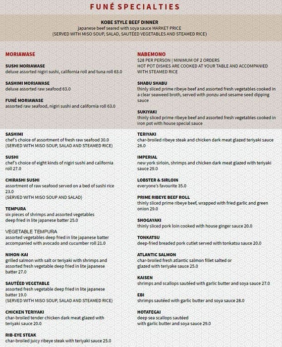 Menu at Fune restaurant, Toronto