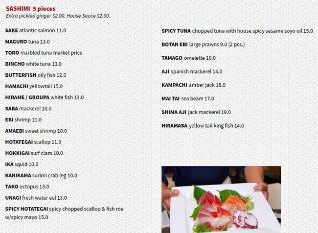 Menu at Fune restaurant, Toronto