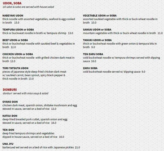 Menu at Fune restaurant, Toronto