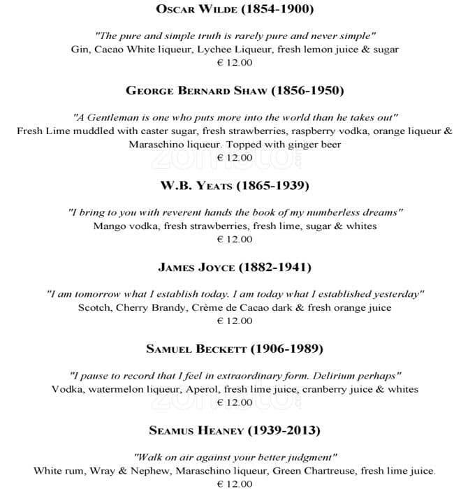 Menu at 10 St Stephens Green pub & bar, Dublin