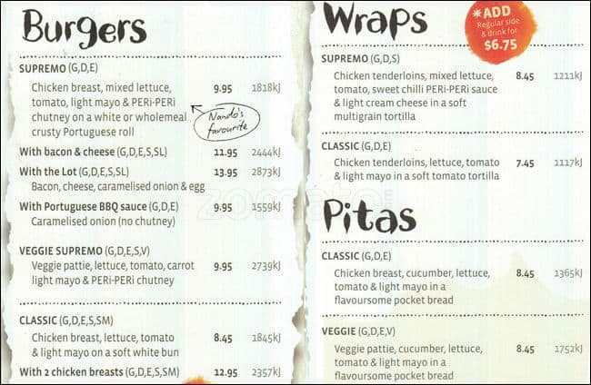 Menu at Nando's restaurant, Brisbane City, 170 Queen St