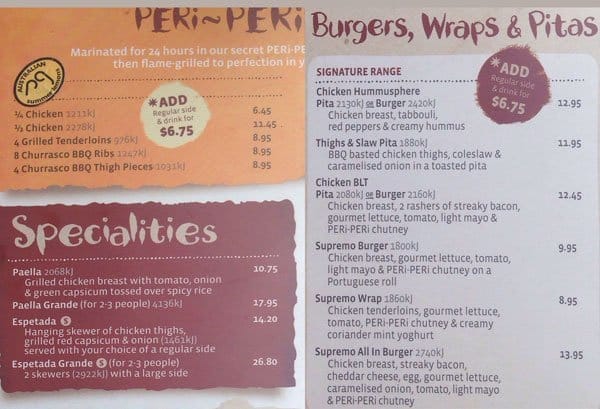 Menu at Nando's Stapylton fast food, Yatala, BP Travel Centre