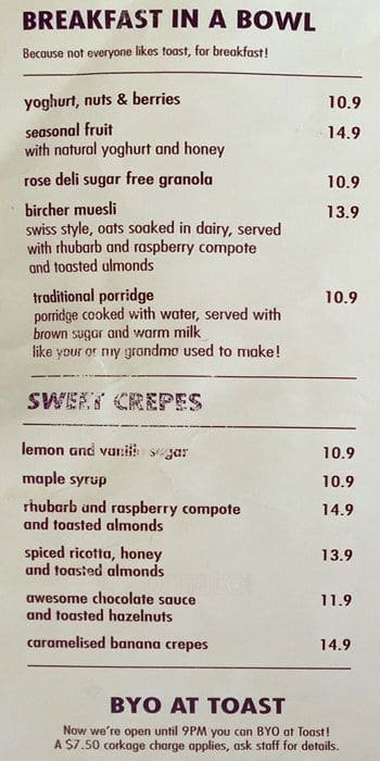 Menu at Toast pub & bar, East Perth