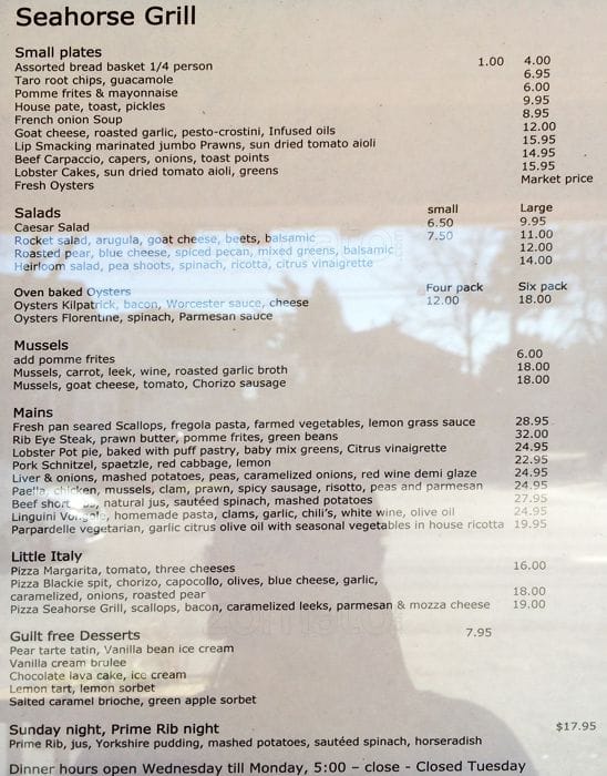 Menu at Seahorse Grill pizzeria, Surrey