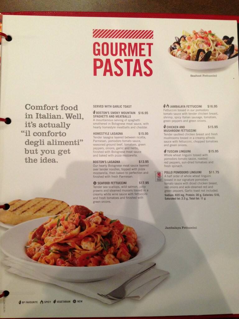 Menu at Boston Pizza pizzeria, Prince Albert