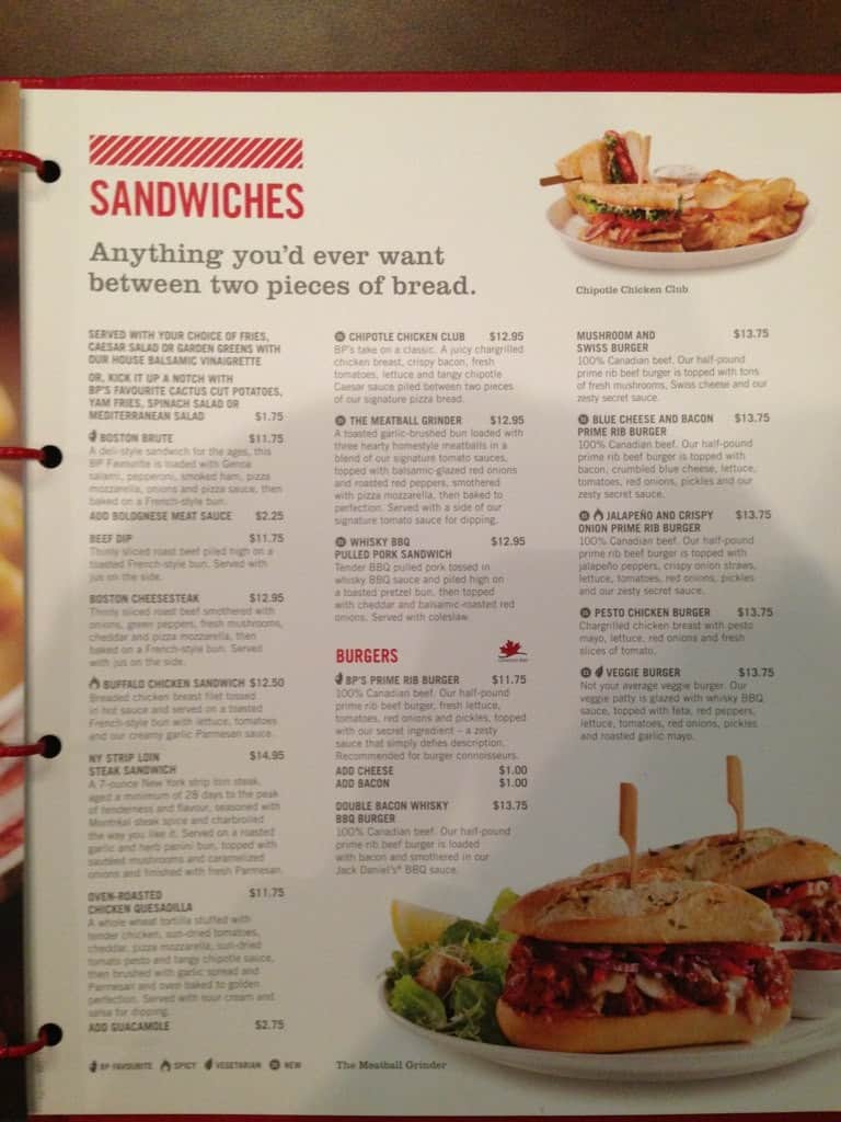 Menu at Boston Pizza pizzeria, Prince Albert