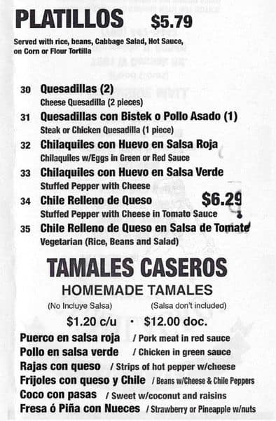 Menu at Taqueria El Milagro restaurant, Chicago, W 26th St