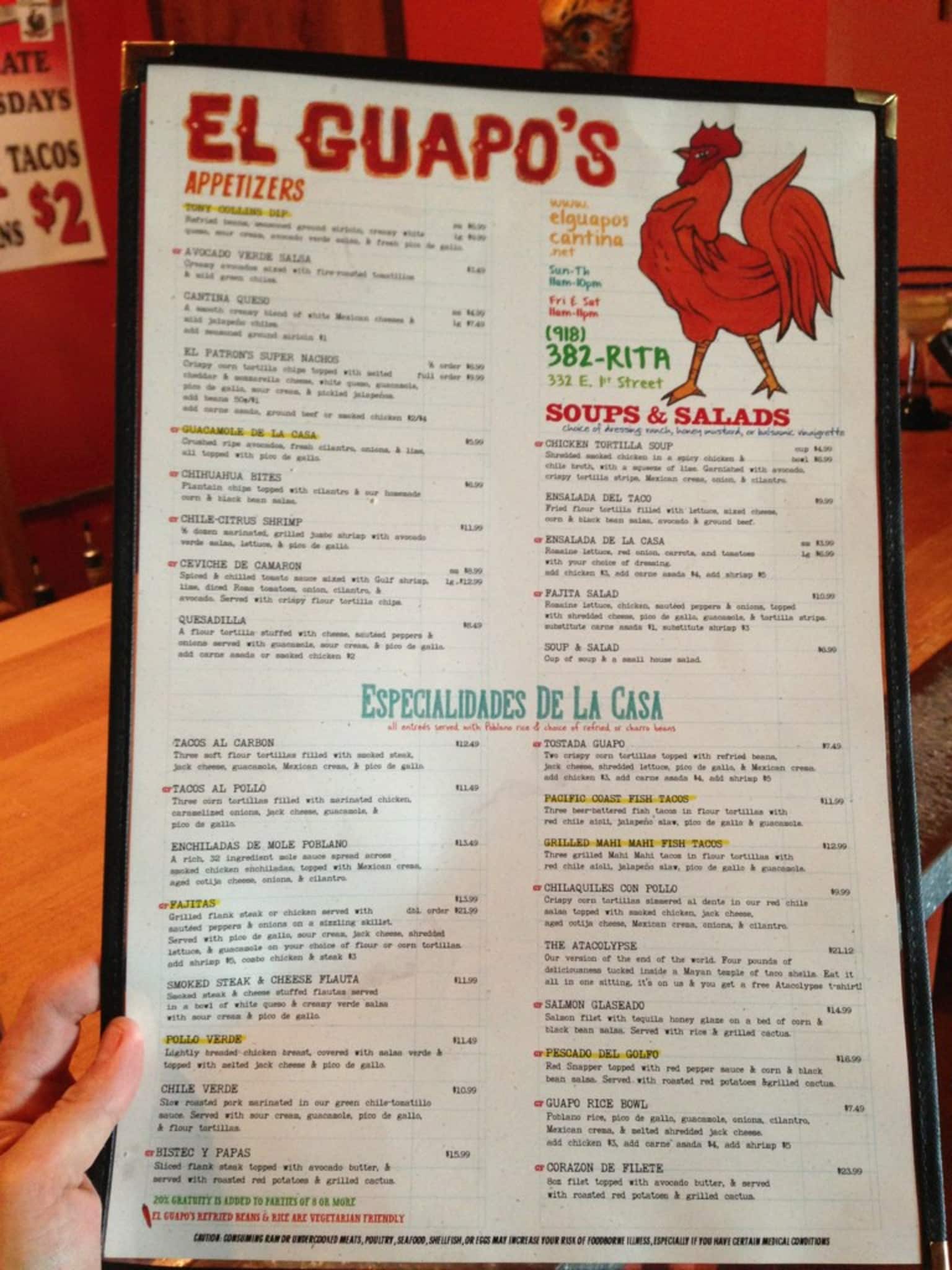Menu at El Guapo's pub & bar, Tulsa