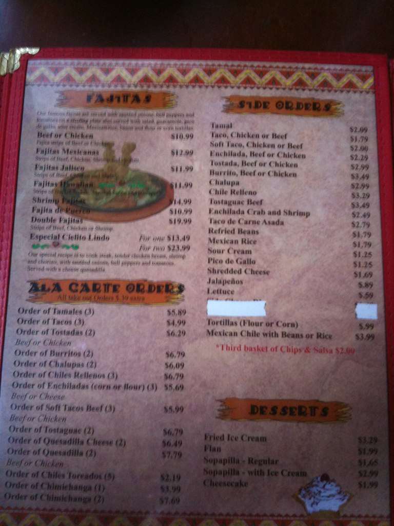 Menu at Cielito Lindo restaurant, Lawrence
