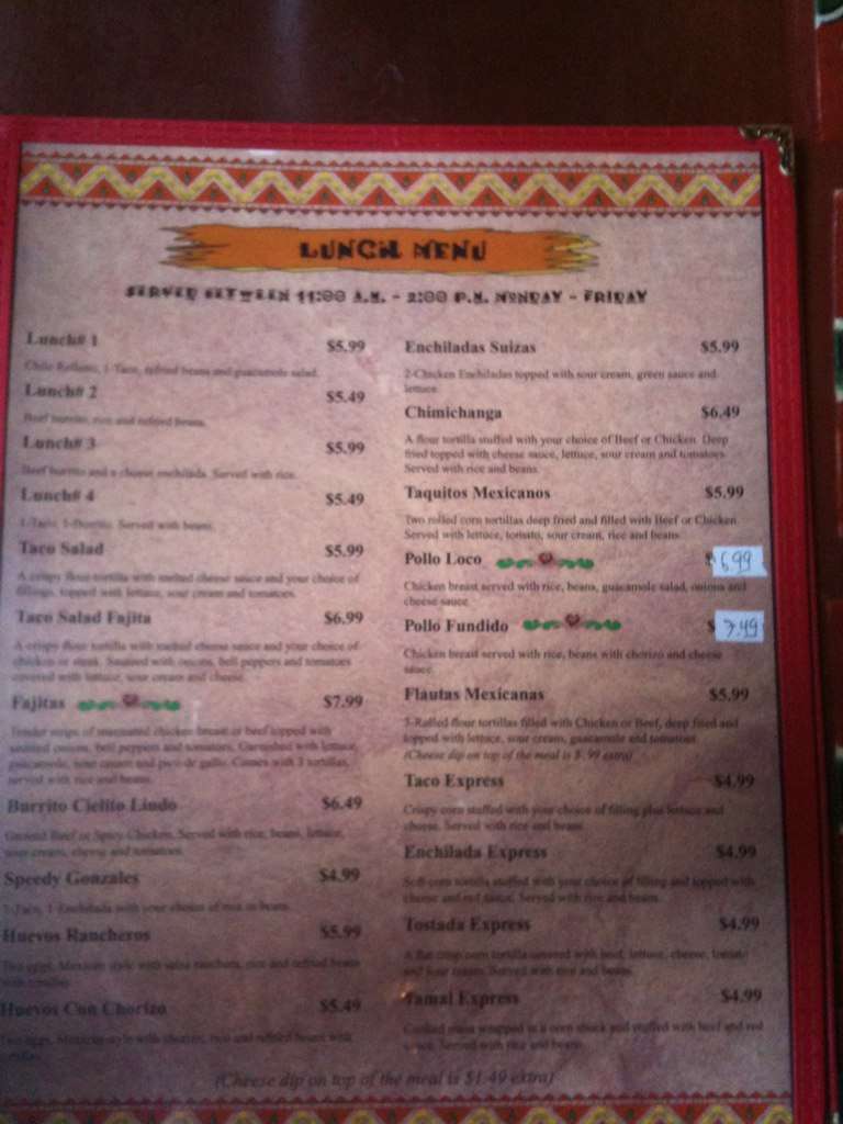 Menu at Cielito Lindo restaurant, Lawrence
