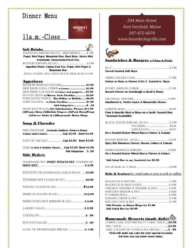 Menu at Boondocks Grille steakhouse, Fort Fairfield