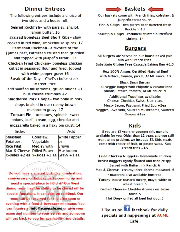 Menu at Acme Cafe, Salem