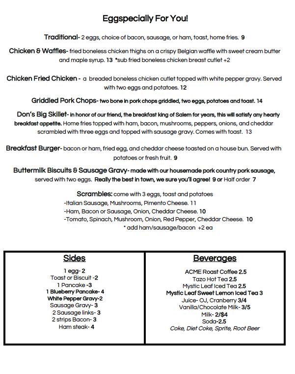 Menu at Acme Cafe, Salem