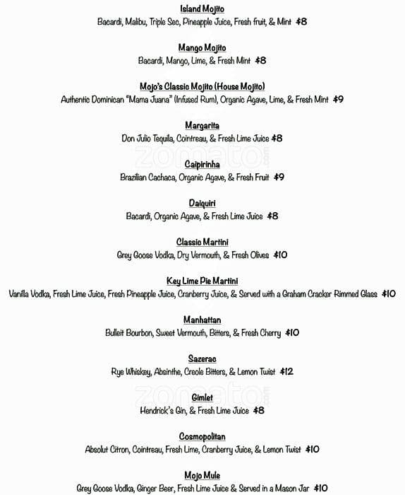 Menu at Mojo Restaurant, Waterbury