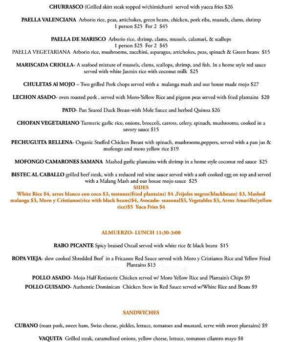 Menu at Mojo Restaurant, Waterbury