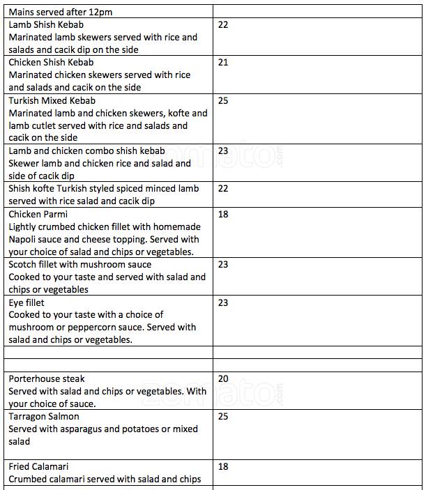 Menu at Cafizza restaurant, Geelong