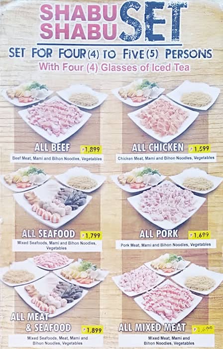 Menu at Hap Chan Shabu Shabu, Tagaytay