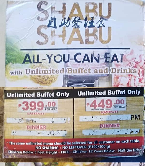 Menu at Hap Chan Shabu Shabu restaurant, Quezon City
