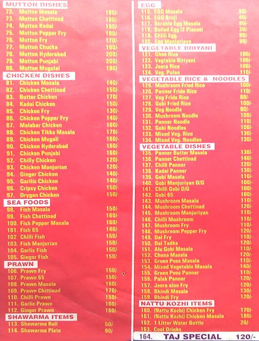 Menu at Taj Briyani, India, Sp Kovil